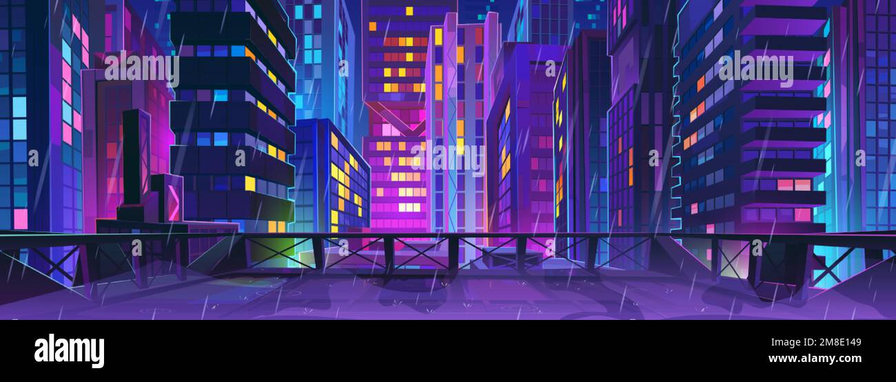 Rainy night cityscape with neon lights. Rooftop view of rainfall in ...