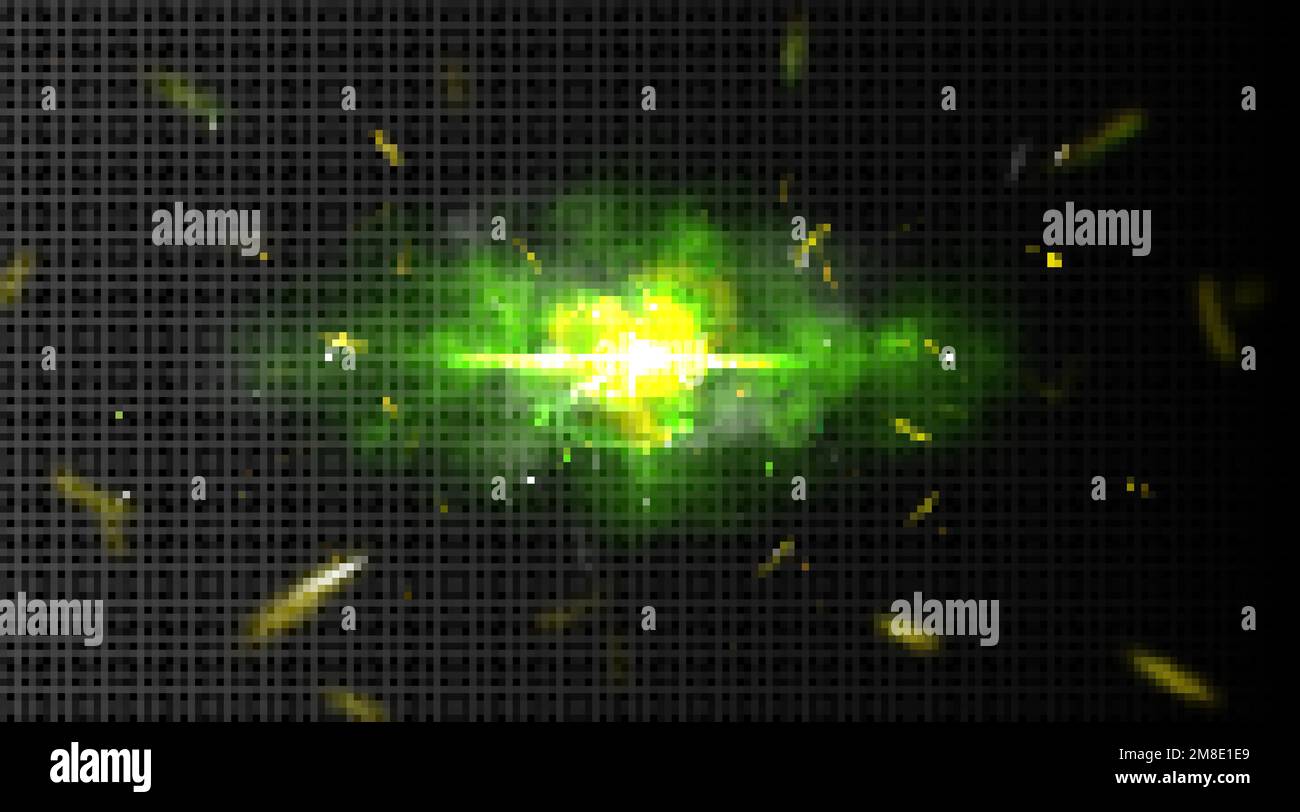 Explosion effect with sparks, green light and smoke. Bomb explode with ...