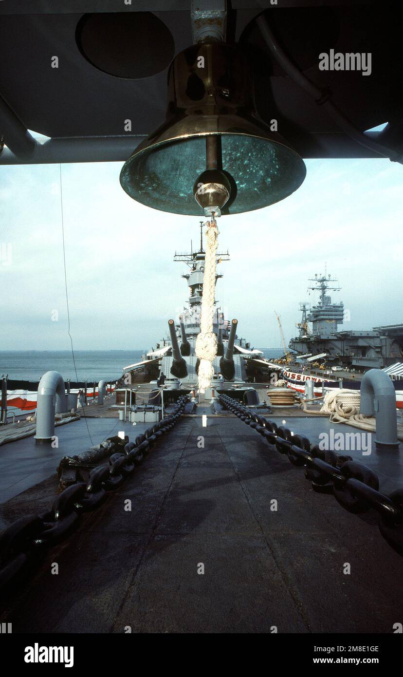 A view of the ship's bell on the bow of the battleship USS IOWA (BB-61 ...