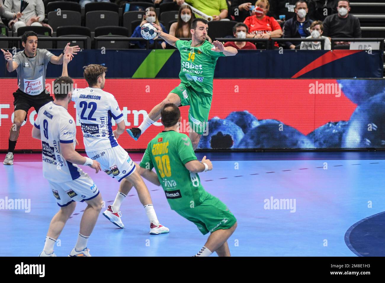 Milos Vujovic (Montenegro) against Iceland. EHF Euro 2022. Main Round ...