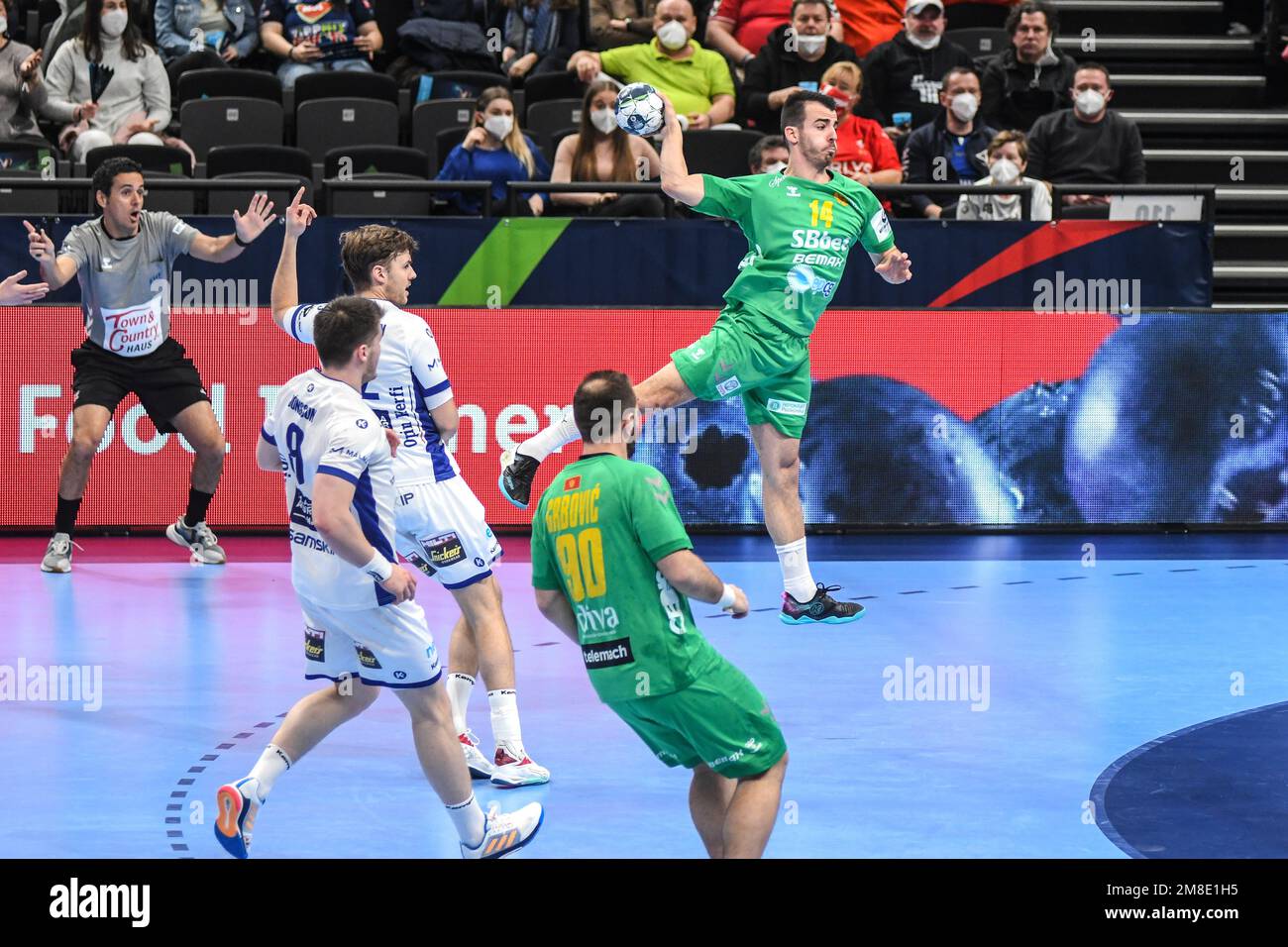 Milos Vujovic (Montenegro) against Iceland. EHF Euro 2022. Main Round ...