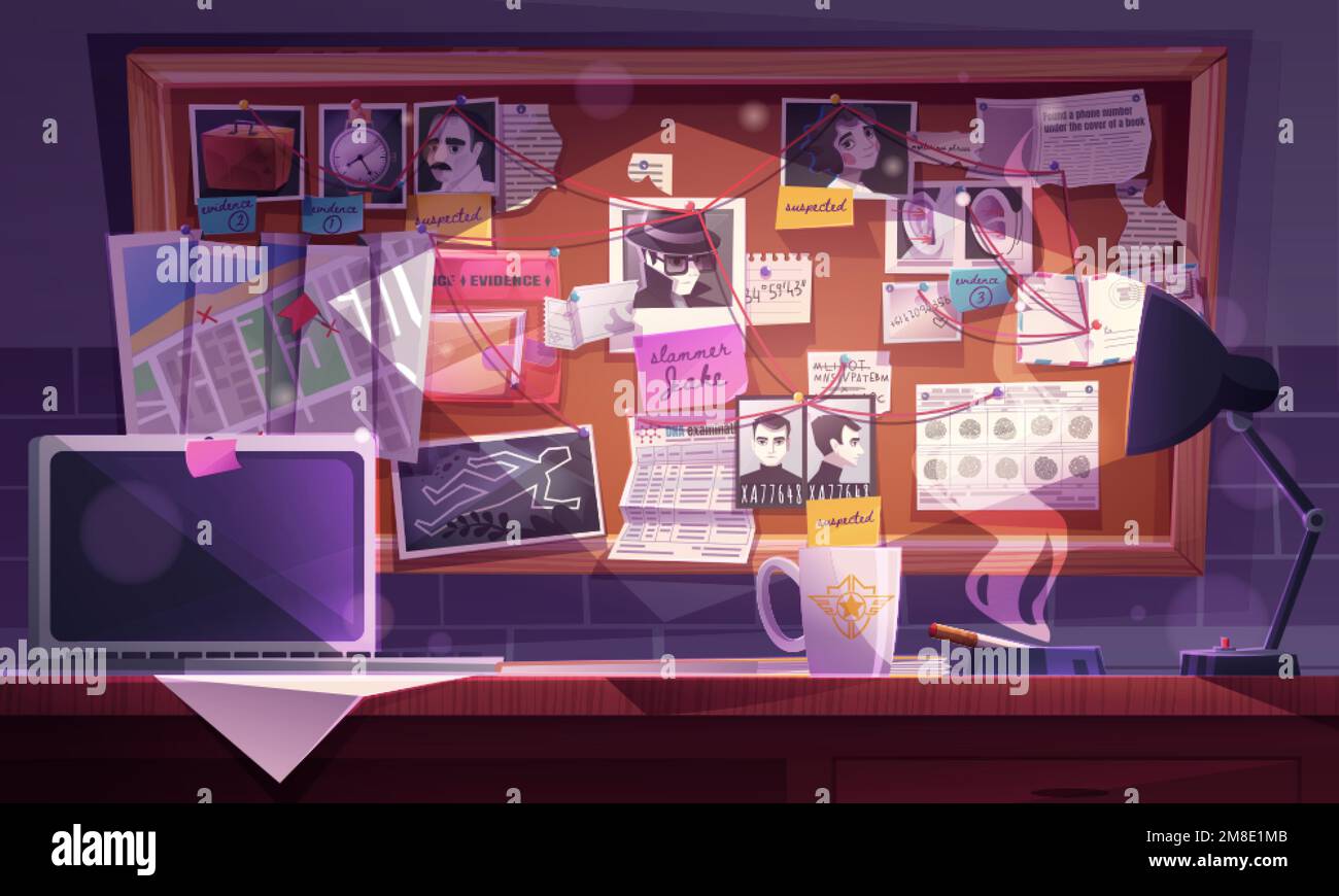 Detective office with table and board with evidences and red thread ...