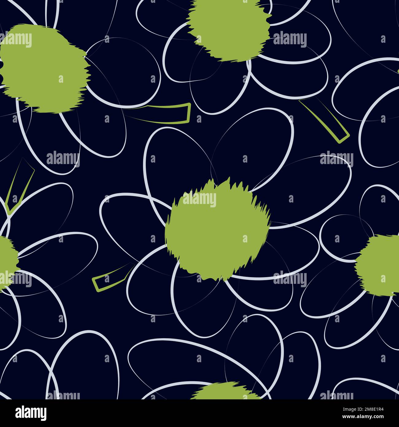 Seamless Simple Cute Pattern Of Large Flowers With White Outlines On Light Navy Background