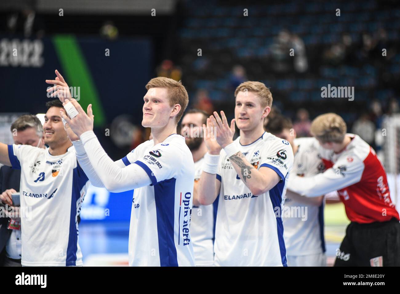 Iceland national team celebrates the win against Montenegro. EHF Euro ...