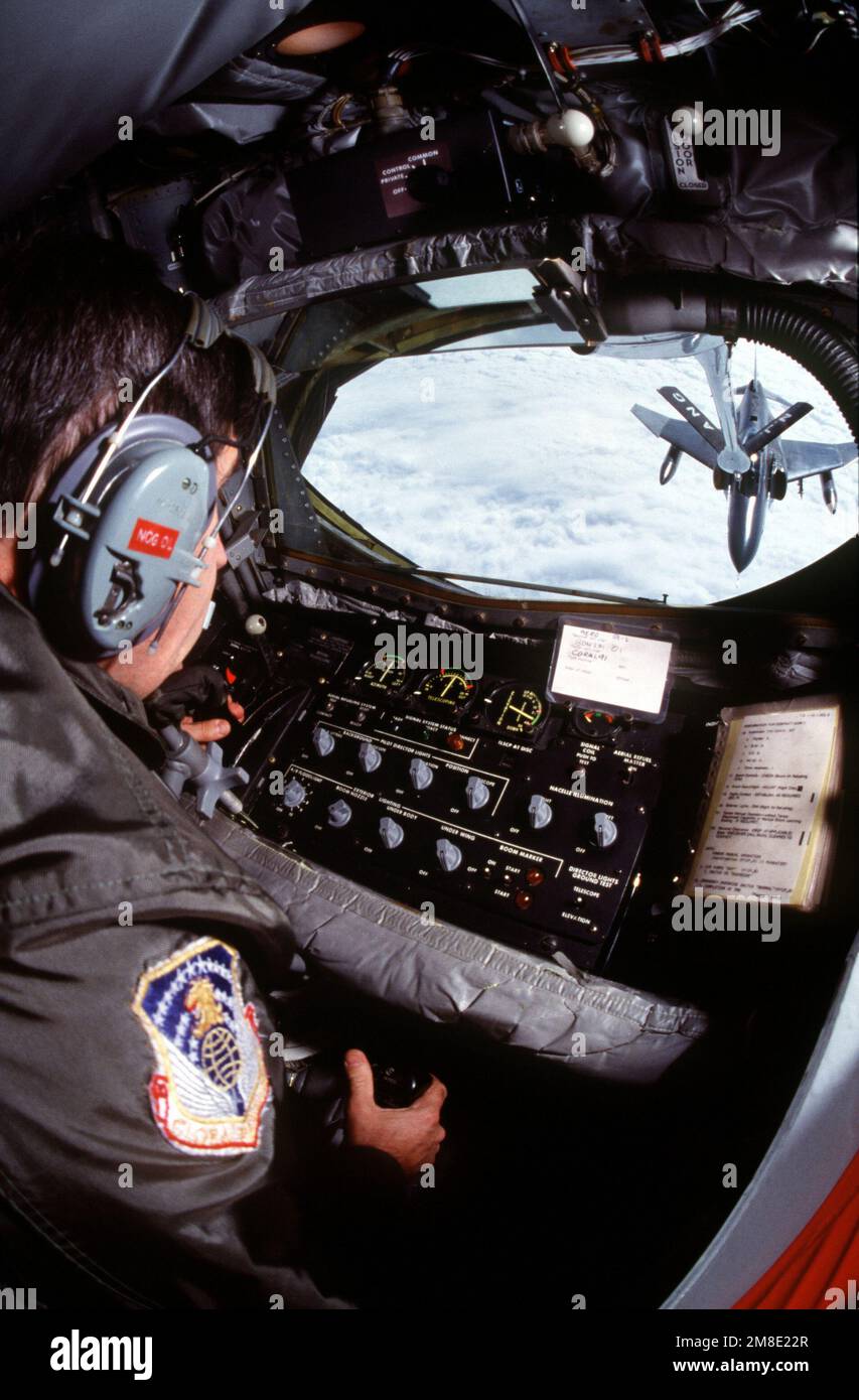 View from a Strategic Air Command's KC-135 tanker as it refuels a USAF ...