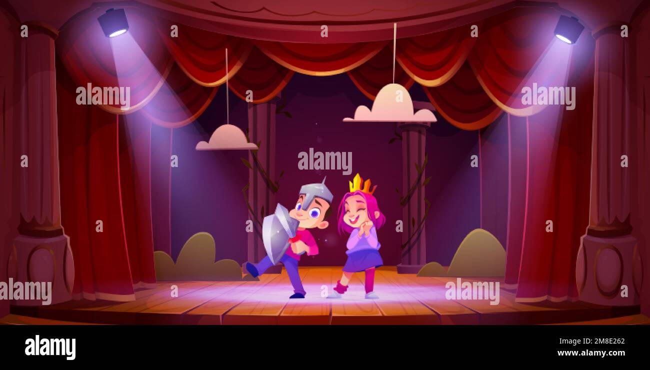 Children performing on theater stage. Vector cartoon illustration of ...