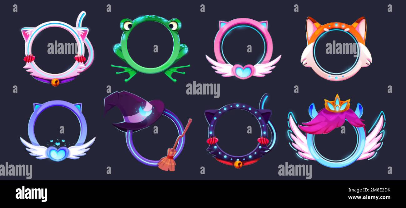 Round animal character game avatars design. Set of cute borders with ...