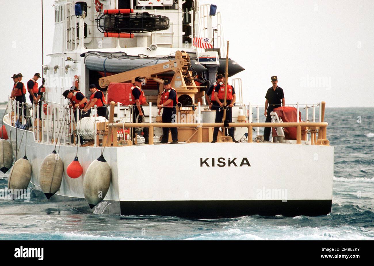 Crewmen stand by aboard the Coast Guard large patrol craft USCGC KISKA ...