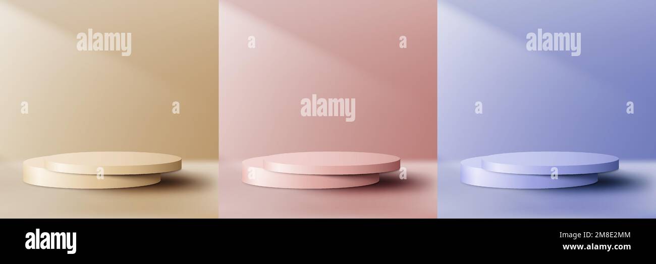 Set of 3D realistic brown, pink, blue cylinder podium pedestal stand ...