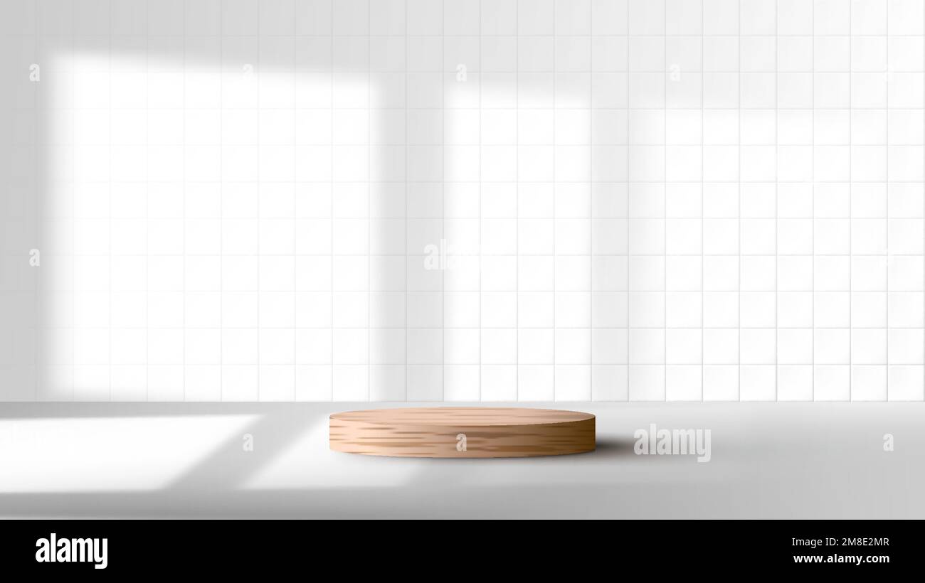 3D realistic empty studio room wooden cylinder podium pedestal stand ...