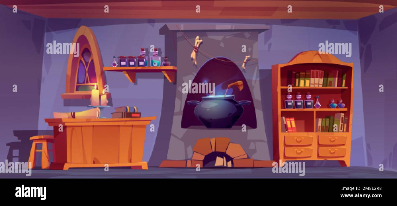 Magic potions shop interior with furniture. Cartoon vector illustration ...