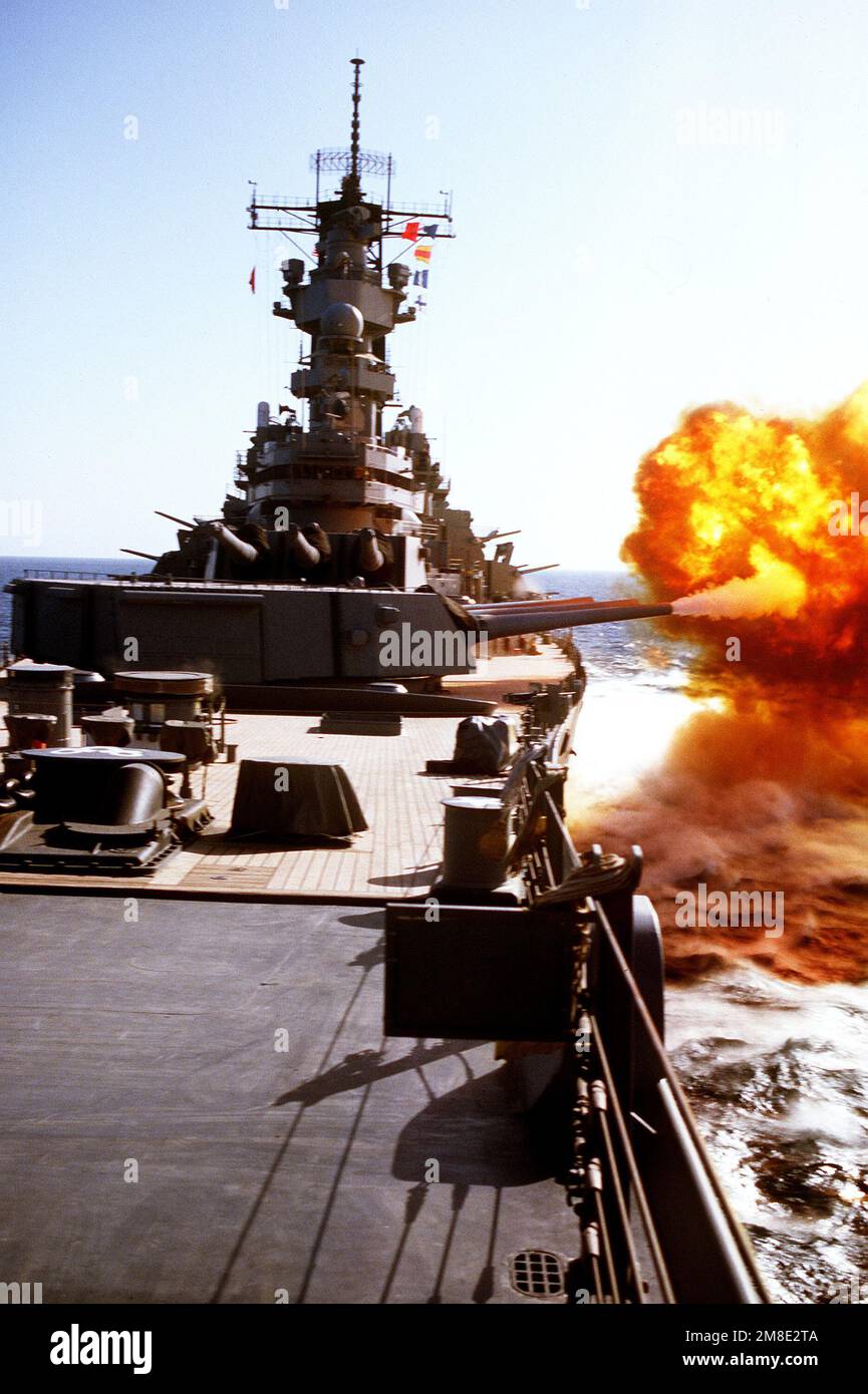 One of the Mark 7 16-inch/50-caliber guns in turret No. 3 aboard the ...
