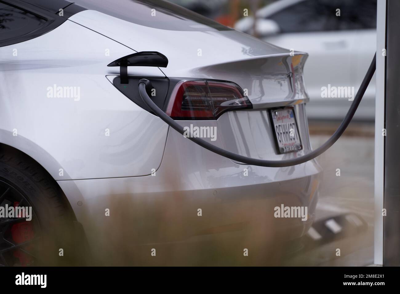 Santa Monica, California, USA. 13th Jan, 2023. A Tesla vehicle charges ...
