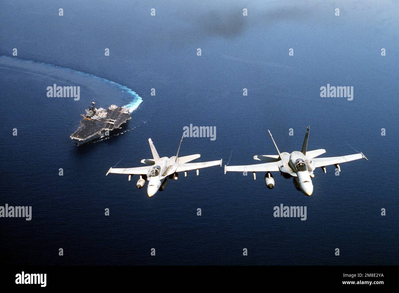 Aerial view two F/A-18C Hornet aircraft of Strike Fighter Squadron ...