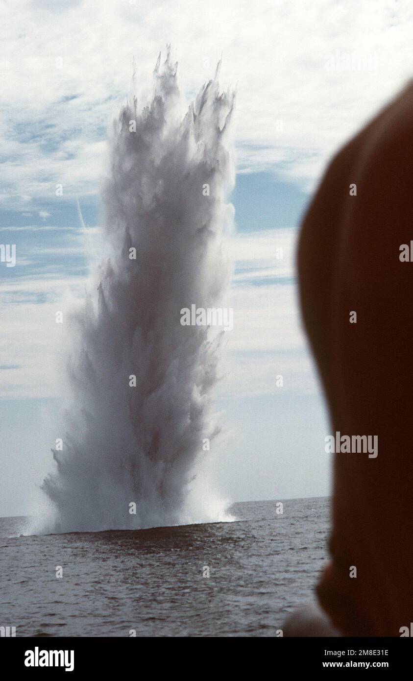 A geyser of water rises into the air following the detonation of a ...