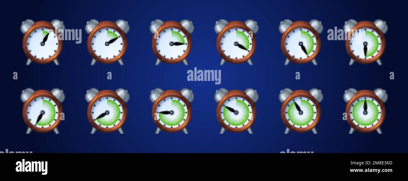 Clock game icons, time animation sprite sheet. Alarm clock with moving ...