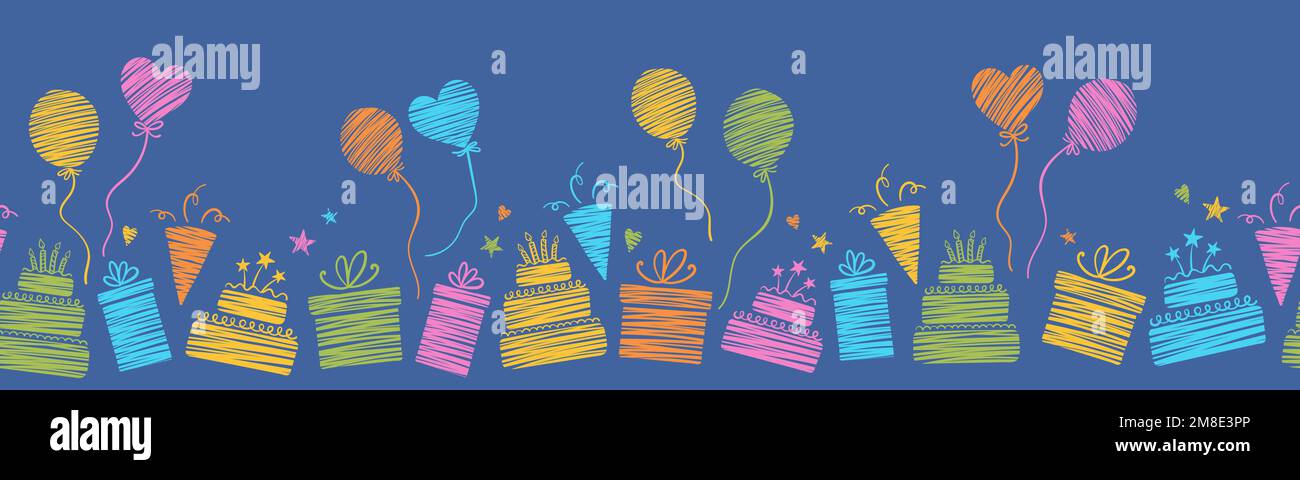 Fun hand drawn party seamless background with cakes, gift boxes ...