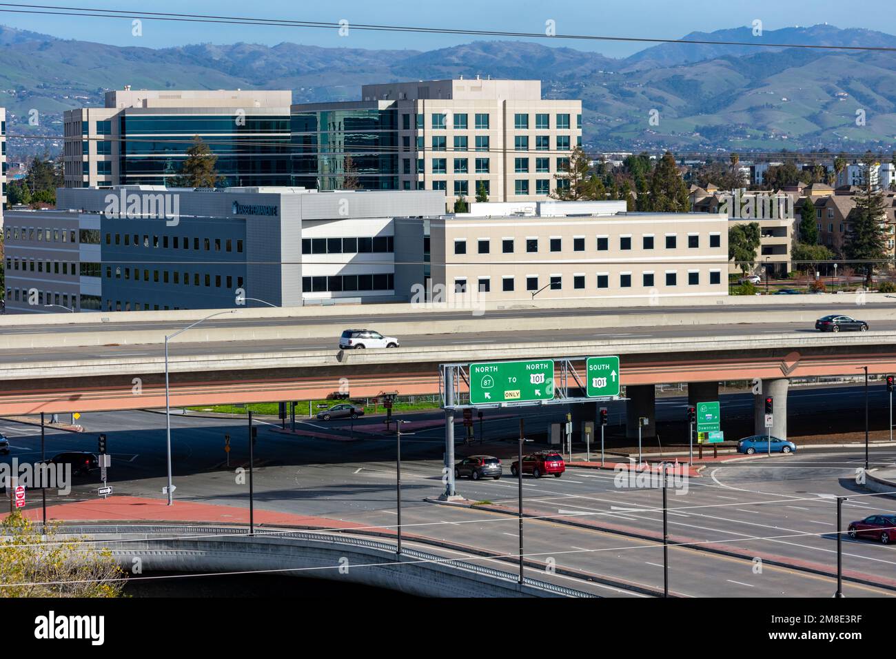 California highway 87 overpass over Skyport Drive near San Jose Mineta ...