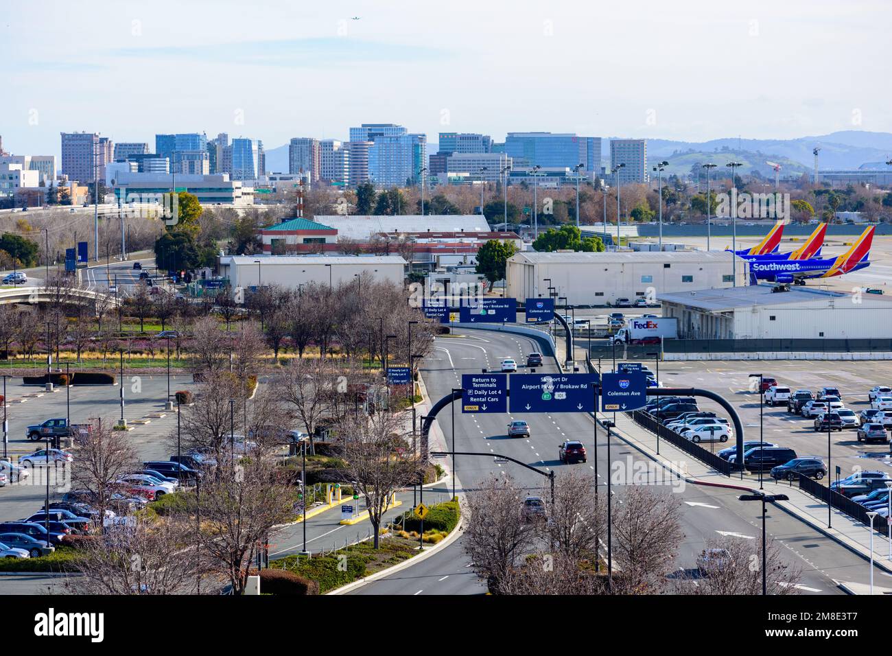 Aerial view of Airport Boulevard road toward San Jose downtown ...