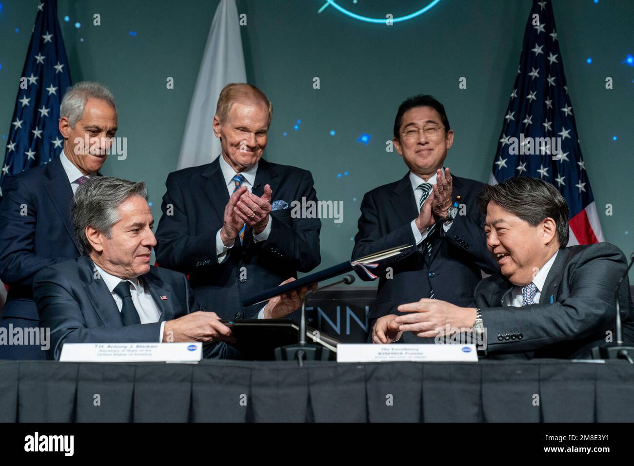 Secretary of State Antony Blinken, seated left, and Japanese Foreign ...