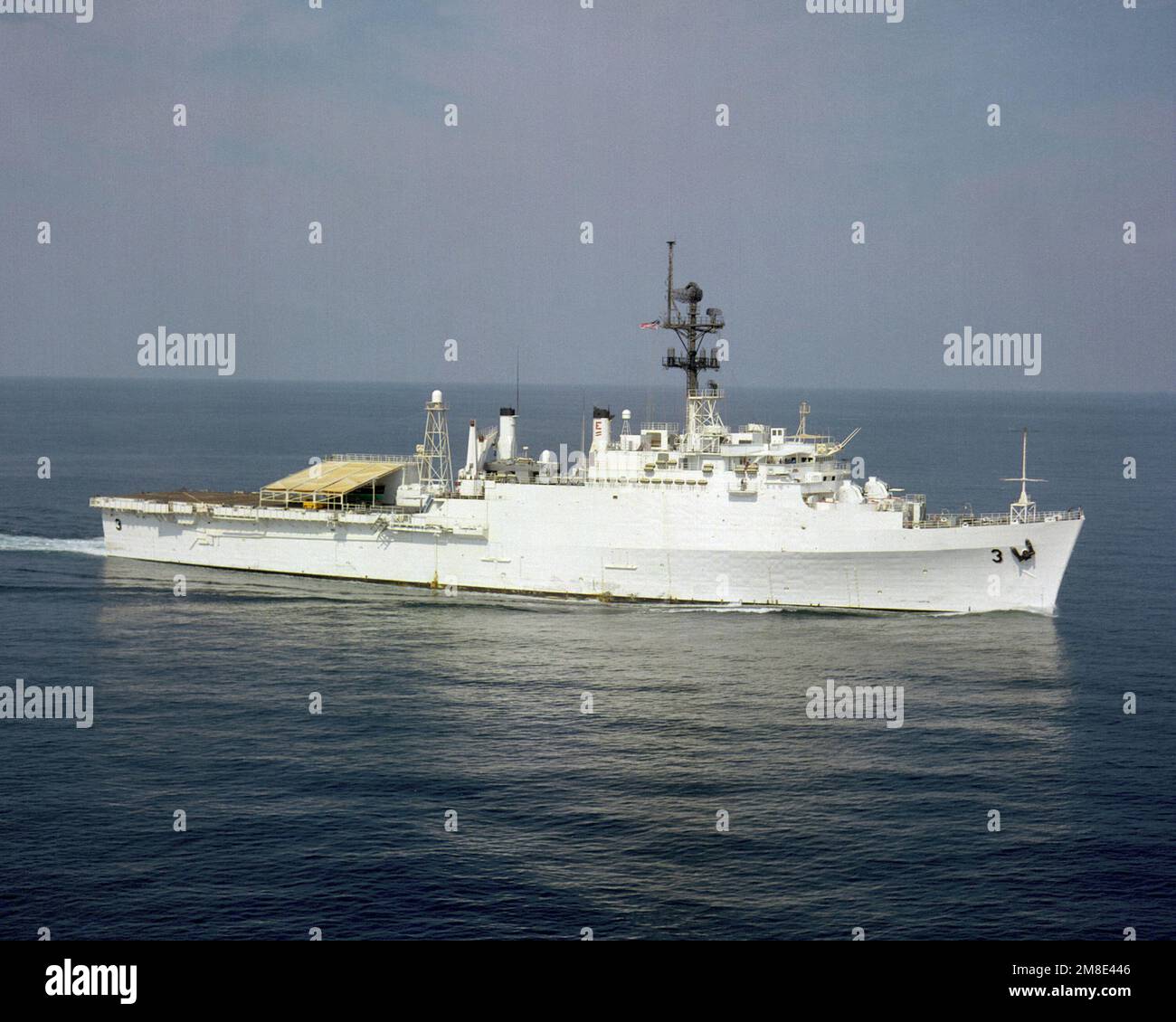 A starboard bow view of the command ship USS LA SALLE (AGF-3) underway ...