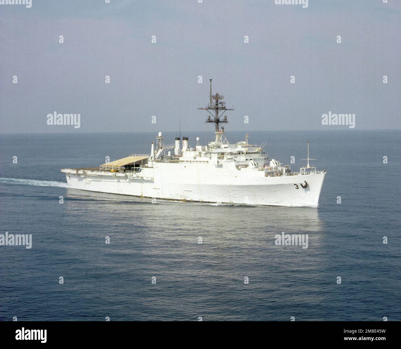 A starboard bow view of the command ship USS LA SALLE (AGF-3) underway ...