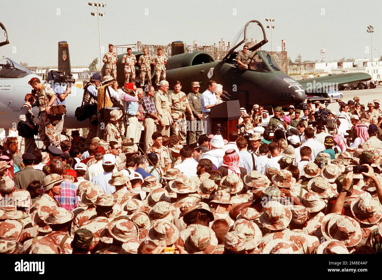 President George Bush speaks to U.S. Military personnel gathered for ...