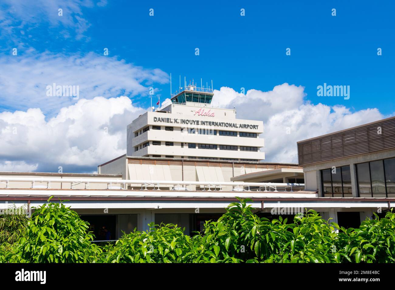 Daniel K. Inouye International Airport sign on building tower facade of ...