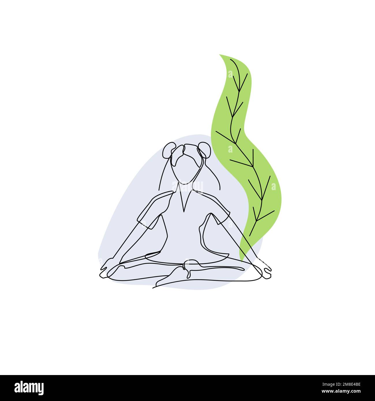 Single line drawing of a girl in a yoga pose, abstract shape background ...