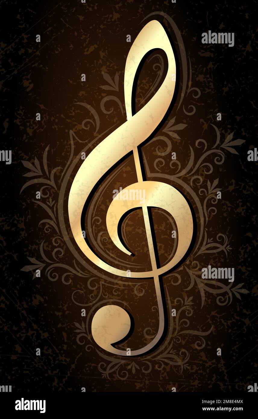 Abstract musical background with gold treble clef on a vintage style ...
