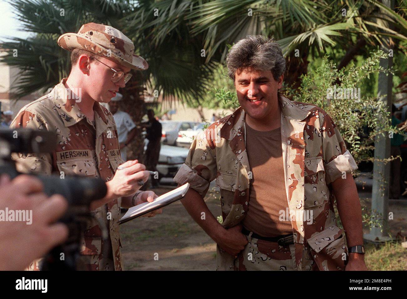 Journalist 3rd Class Brett Hershman, left, interviews comedian Jay Leno ...