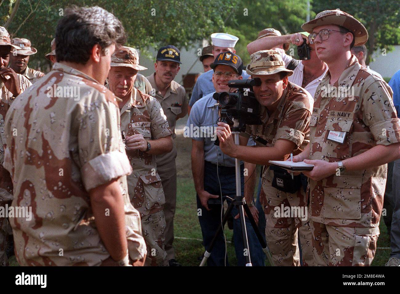 Comedian Jay Leno, left, is interviewed by Navy Broadcasting Service ...