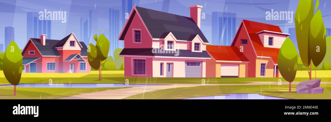 Rain at suburban district with cottage houses at cityscape view. Suburb ...