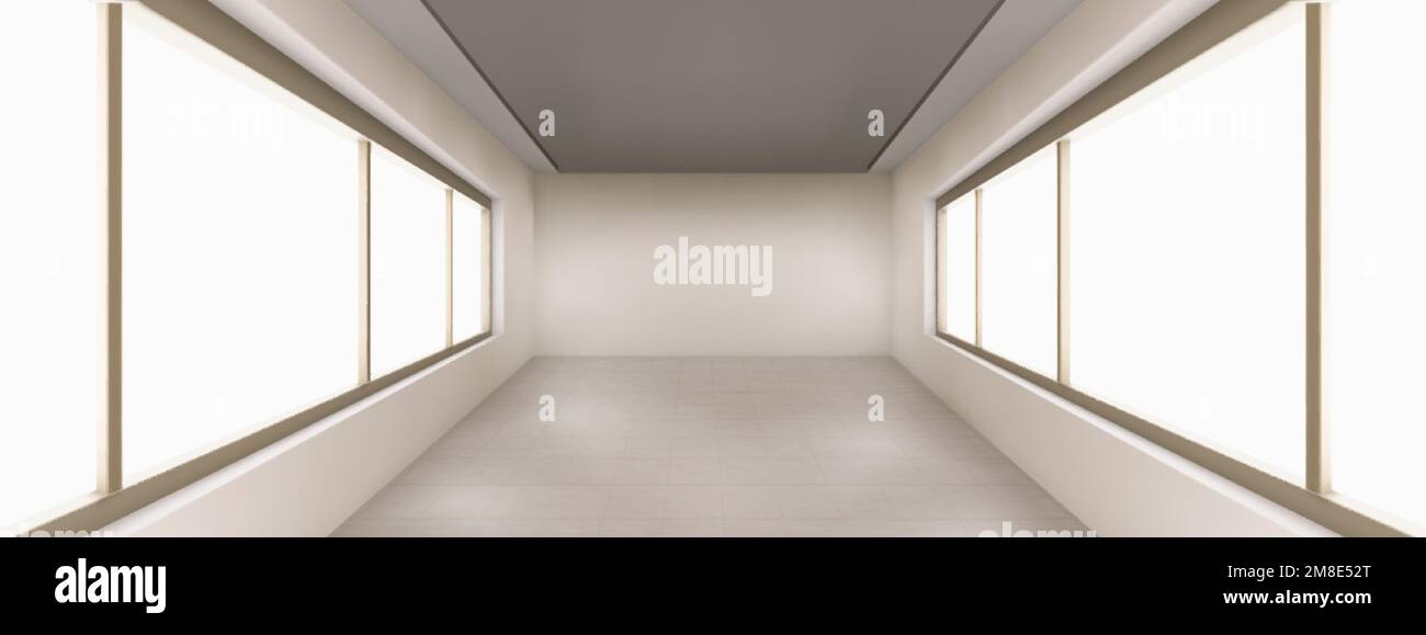 Corridor with large windows by sides and white walls. Modern ...
