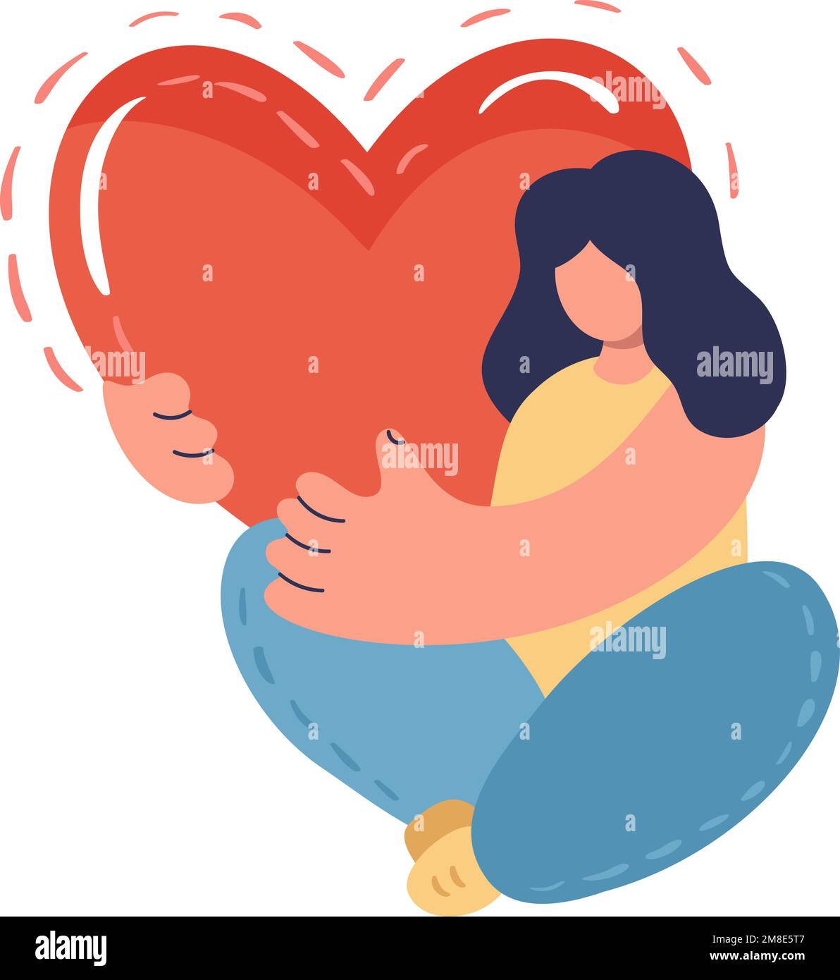 Happy Valentine Day. Woman sits and holding Huge Heart Present. Loving ...