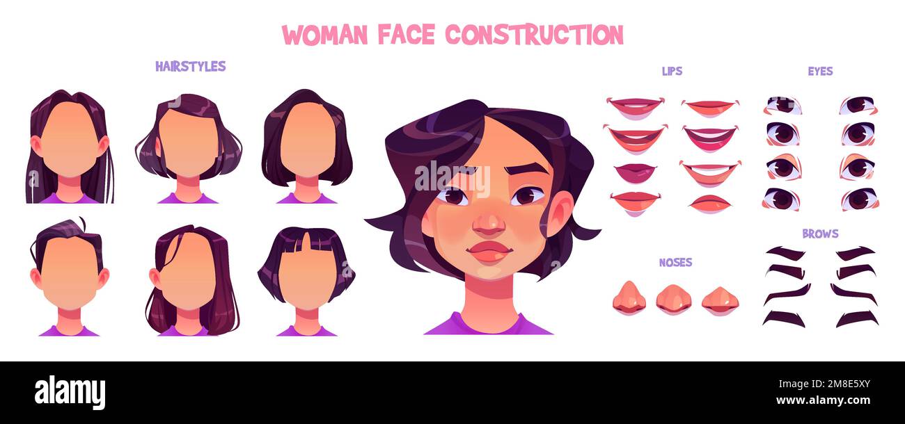 Asian girl face construction set. Avatar creation with different ...