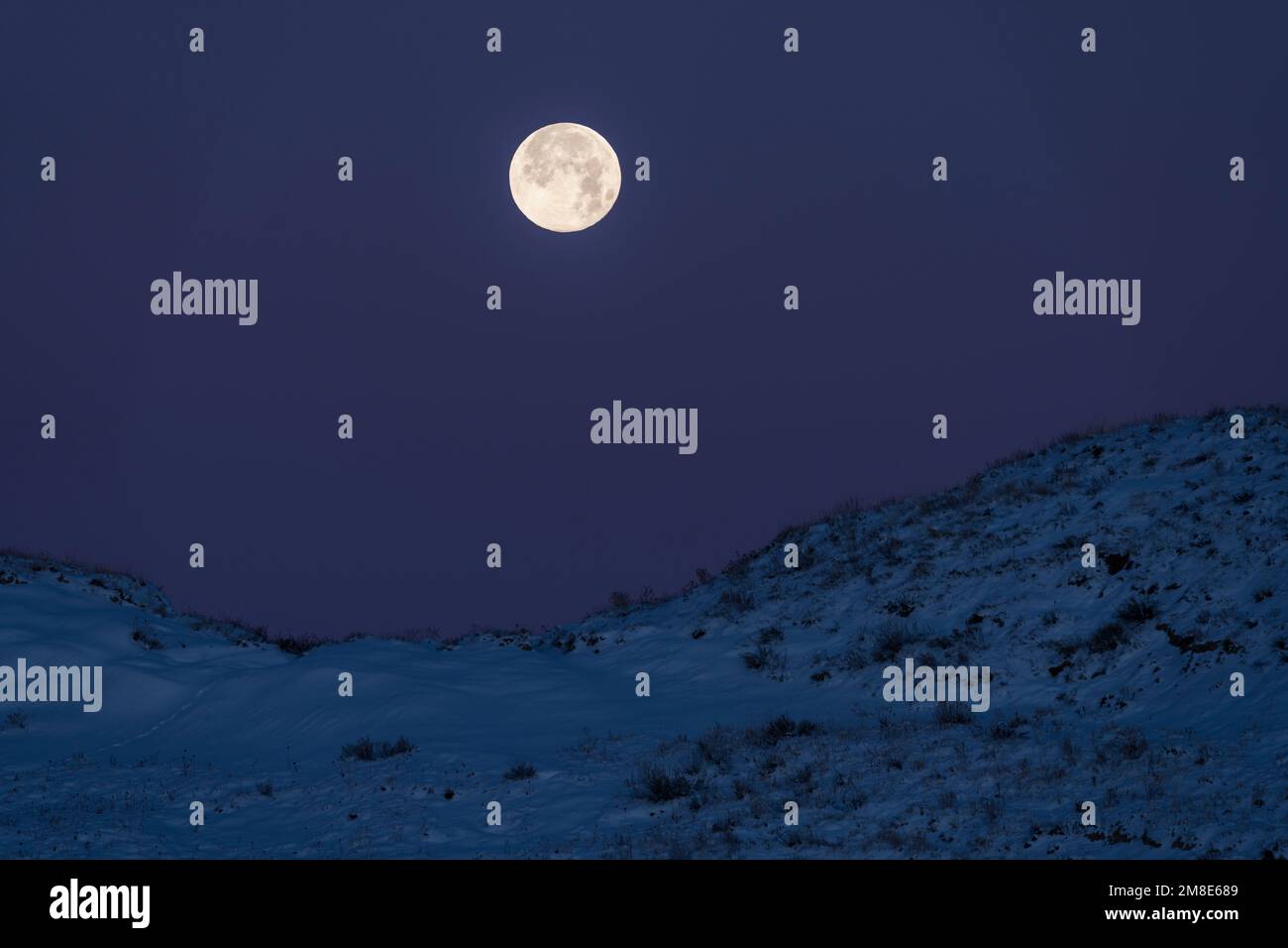 A full moon setting at dawn over a snowy landscape at Theodore ...