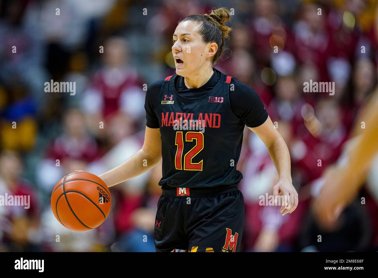Maryland guard Elisa Pinzan (12) plays against Indiana in the first ...