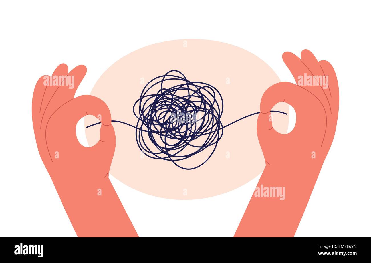 mental health concept. hands with black chaos line. brain like puppet ...