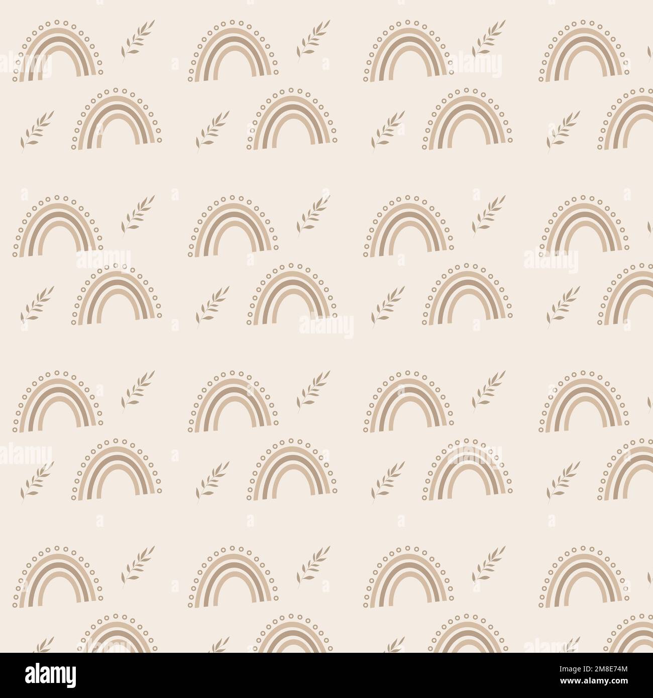 seamless pattern of brown hand drawn rainbow and leaves on beige ...