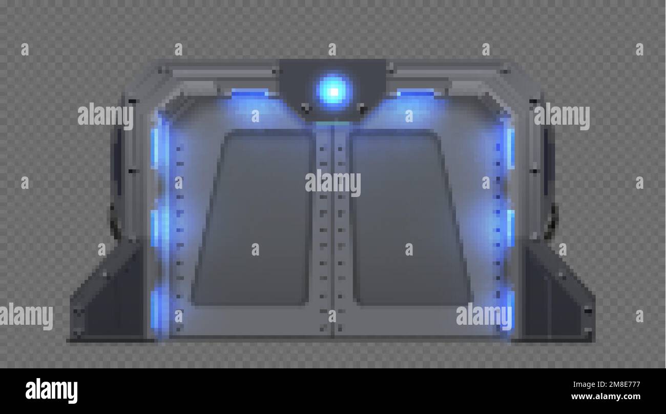 Futuristic metal sliding spaceship door with neon blue illumination ...