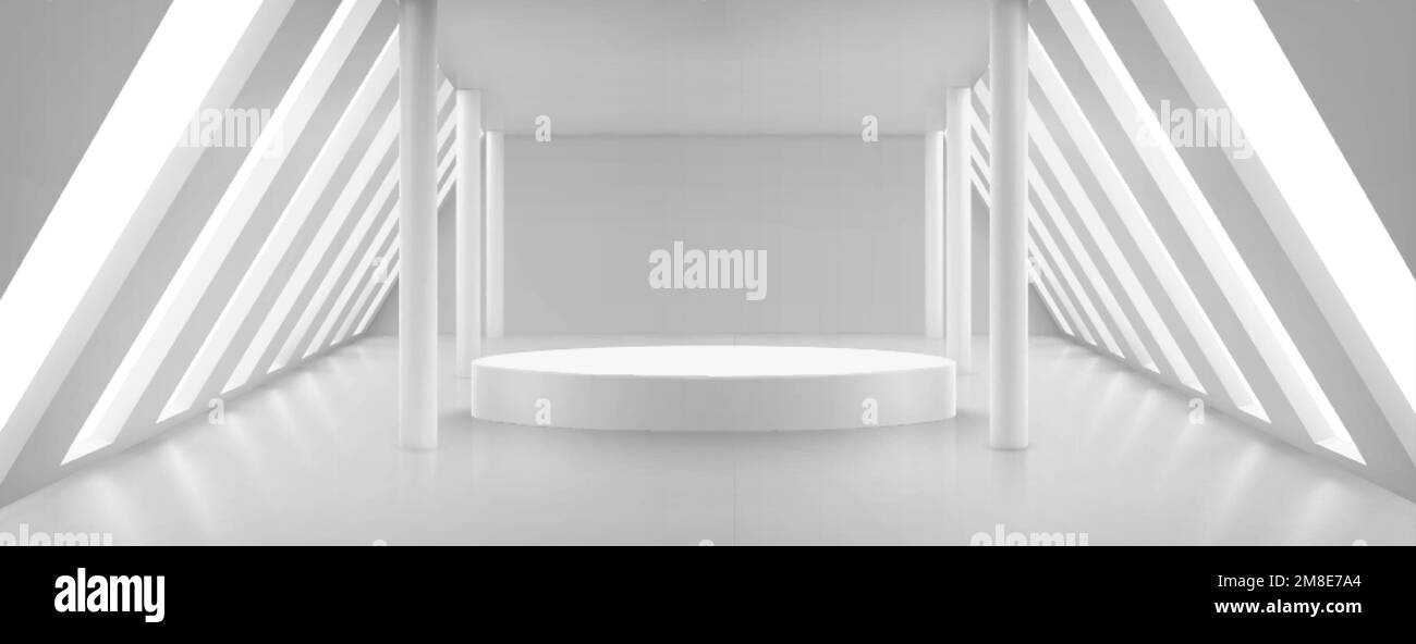 Empty gallery interior with circle podium, columns and inclined walls ...
