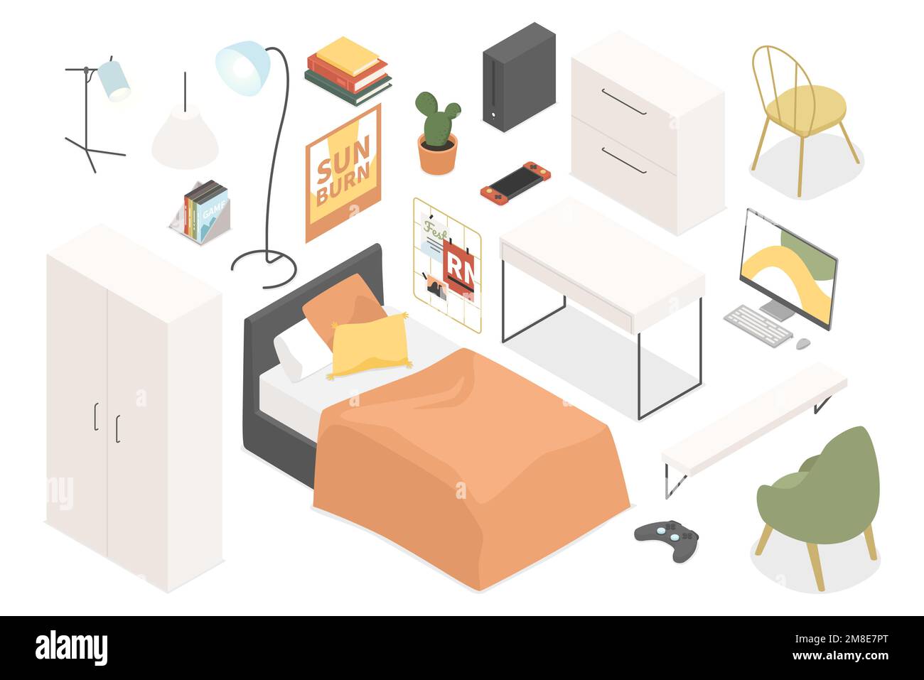 Student dormitory furniture - modern vector colorful isometric ...