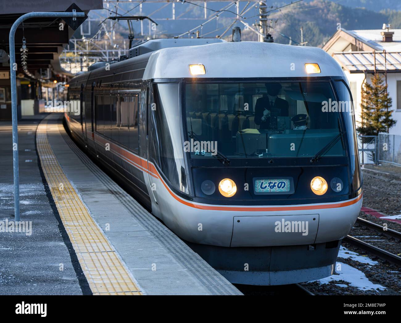 A 383 Series Shinano express train at Kiso-Fukushima Station on JR Central's Chuo Main Line in ...