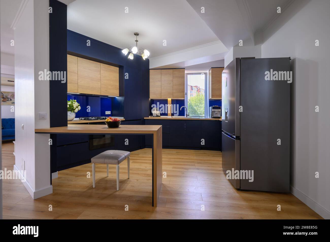 Stylish studio studio apartment with kitchen open to living room Stock ...