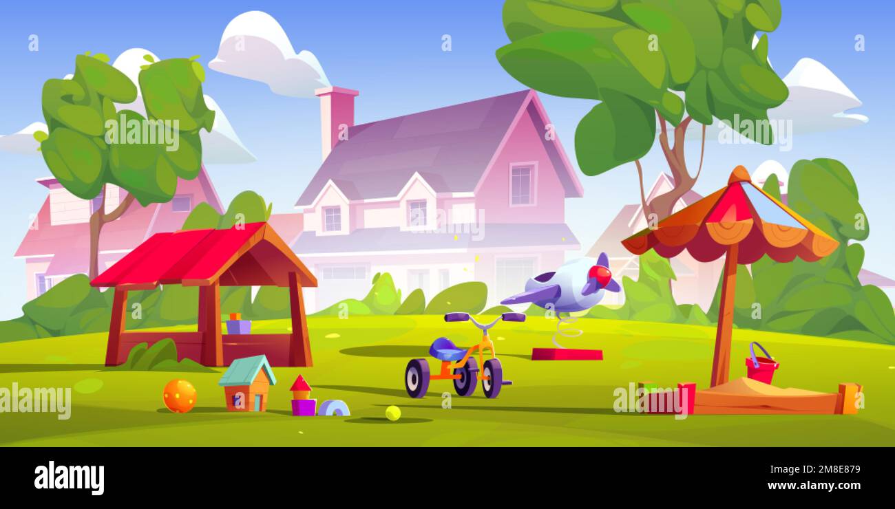 Kids playground in village or suburb district. Summer park, garden or ...