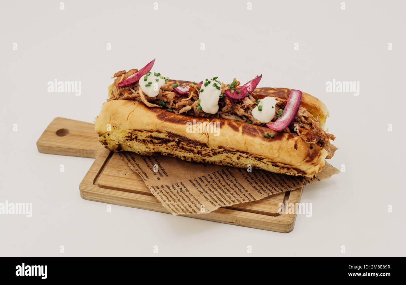 Pulled pork sandwich with onion and muffin bread Stock Photo - Alamy