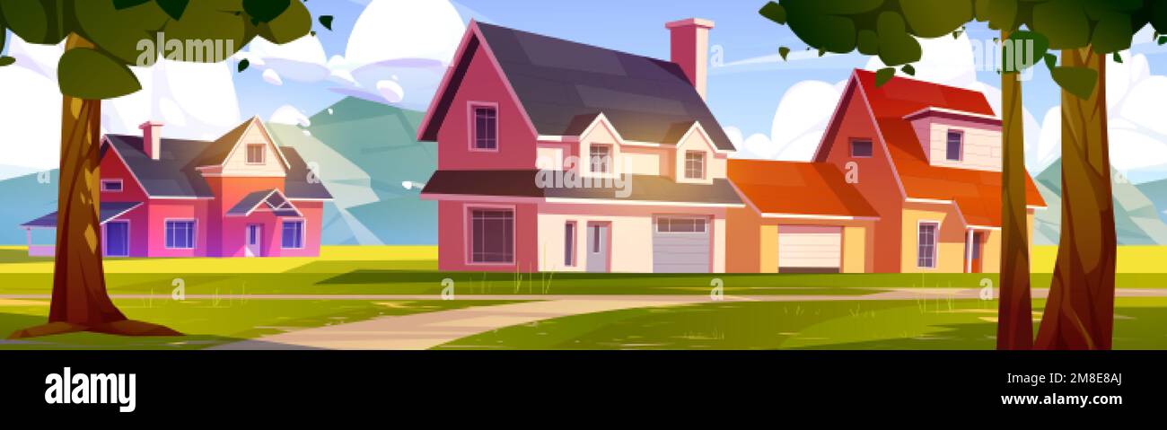 Countryside houses in mountain valley. Summer rural landscape with ...