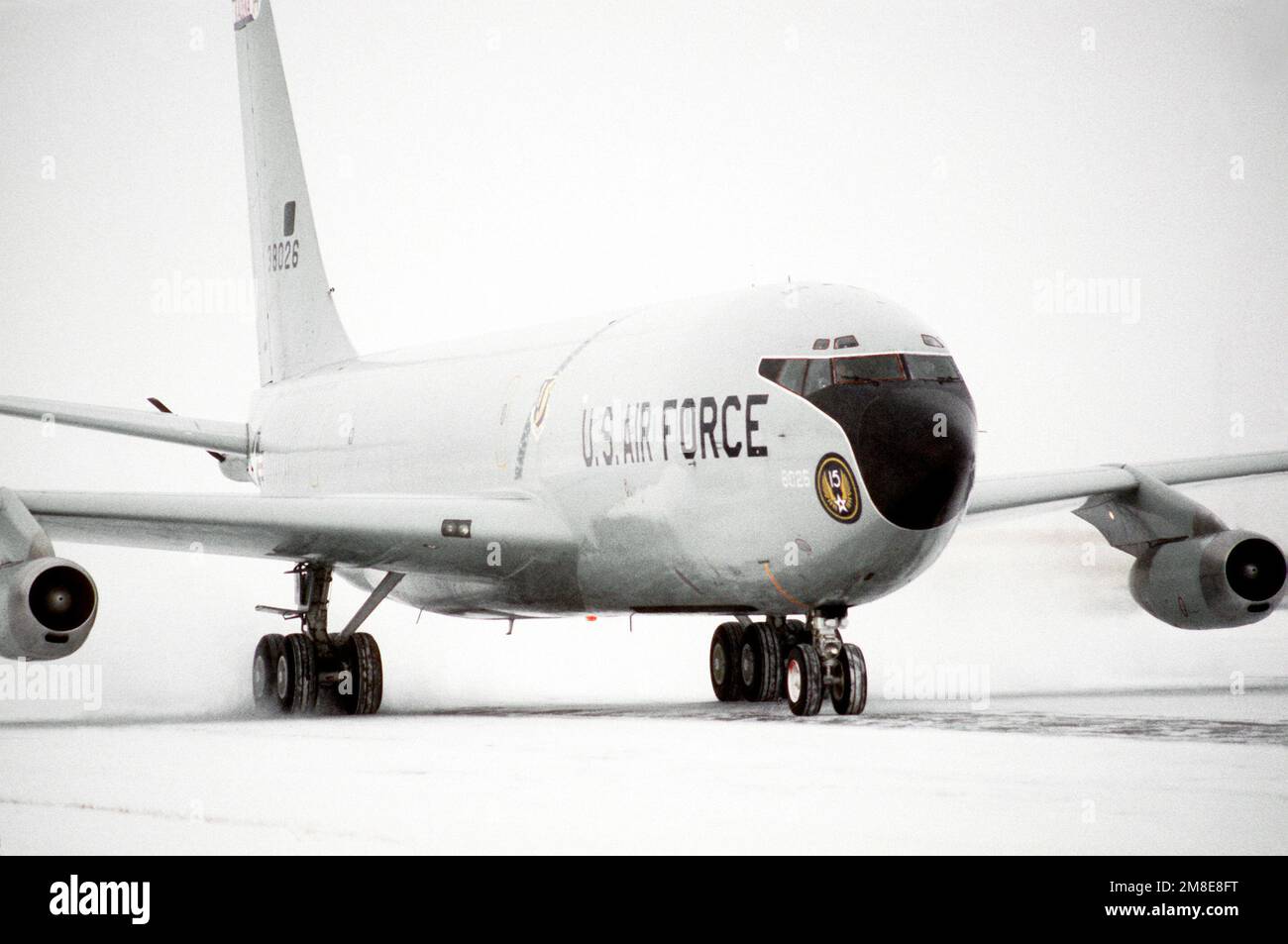 A KC-135 Stratotanker aircraft lands on base during CALFEX '90, a joint ...