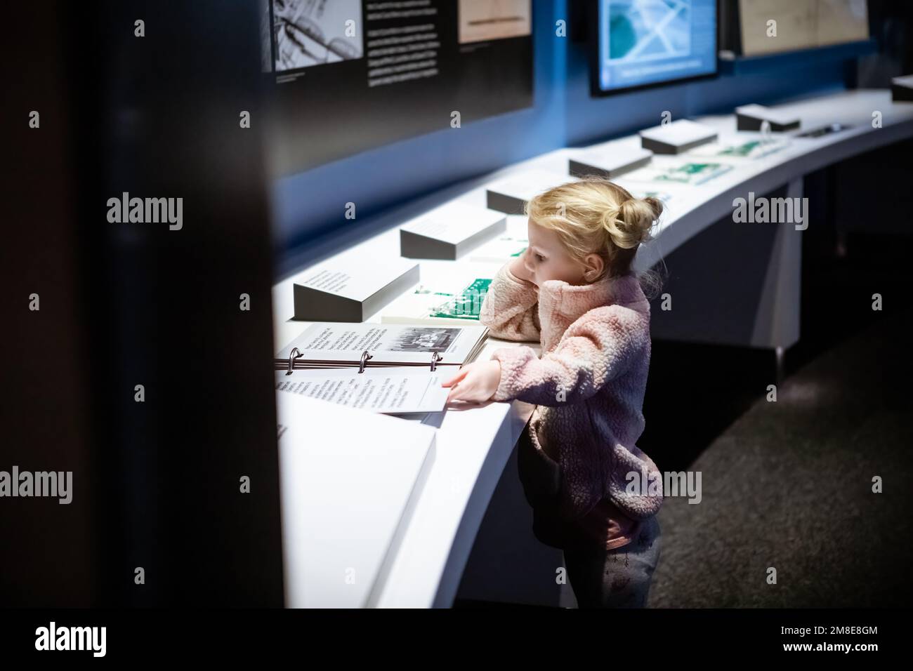 Young tourist reading information in museum exhibit Stock Photo - Alamy